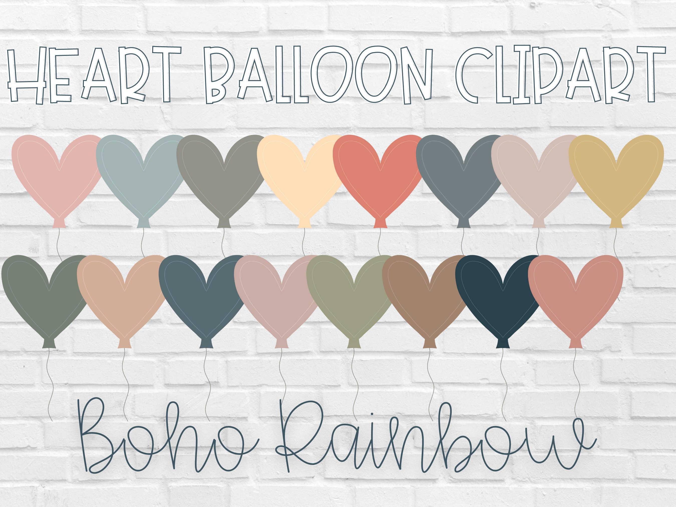 Heart Balloon Clipart Boho Muted Rainbow Valentine's Day - Etsy