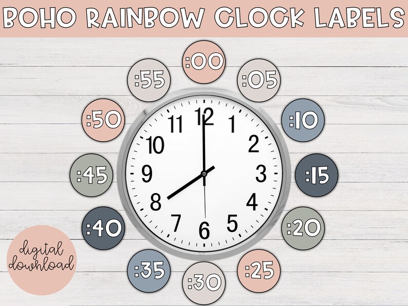 Boho Classroom Clock Labels | Boho Clock Numbers, Boho Rainbow ...