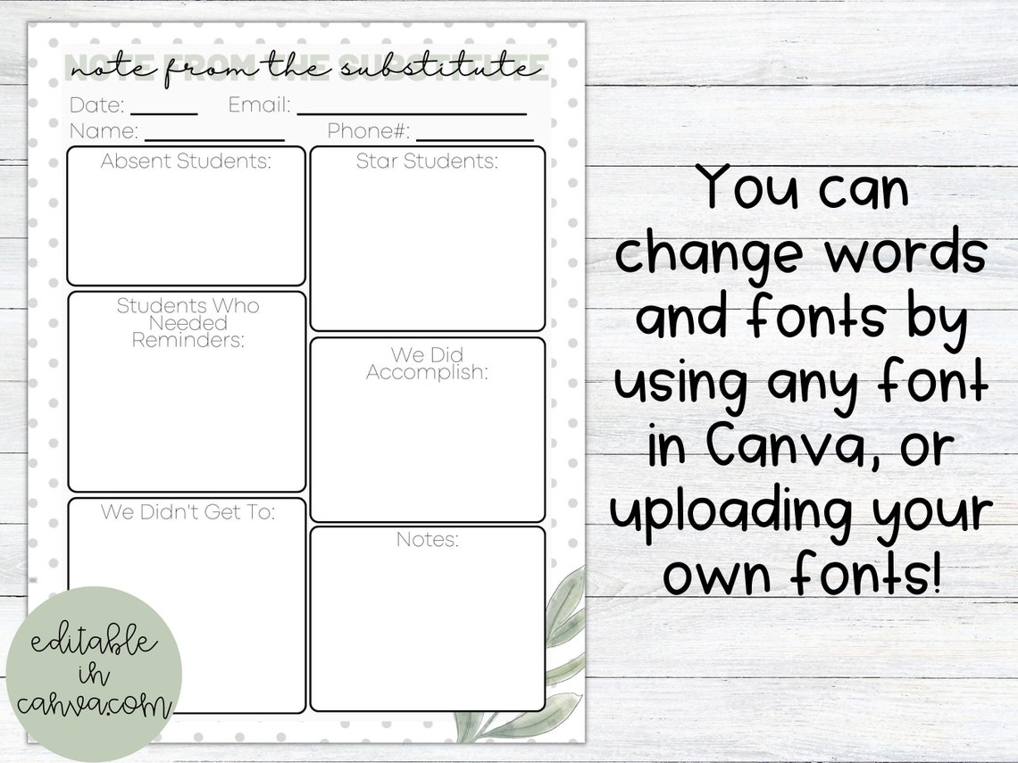 Editable Note From the Substitute Teacher | Modern Greenery Theme ...