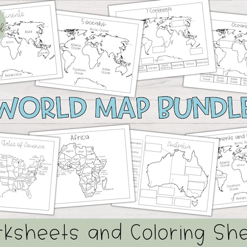 World Map Worksheet and Coloring Page Bundle Printable World - Etsy