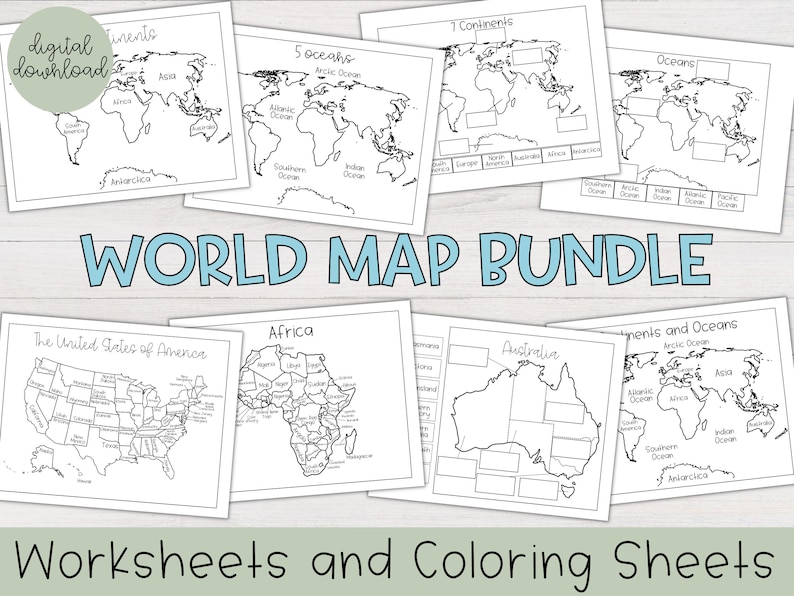 World Map Worksheet and Coloring Page Bundle | Printable World Maps ...