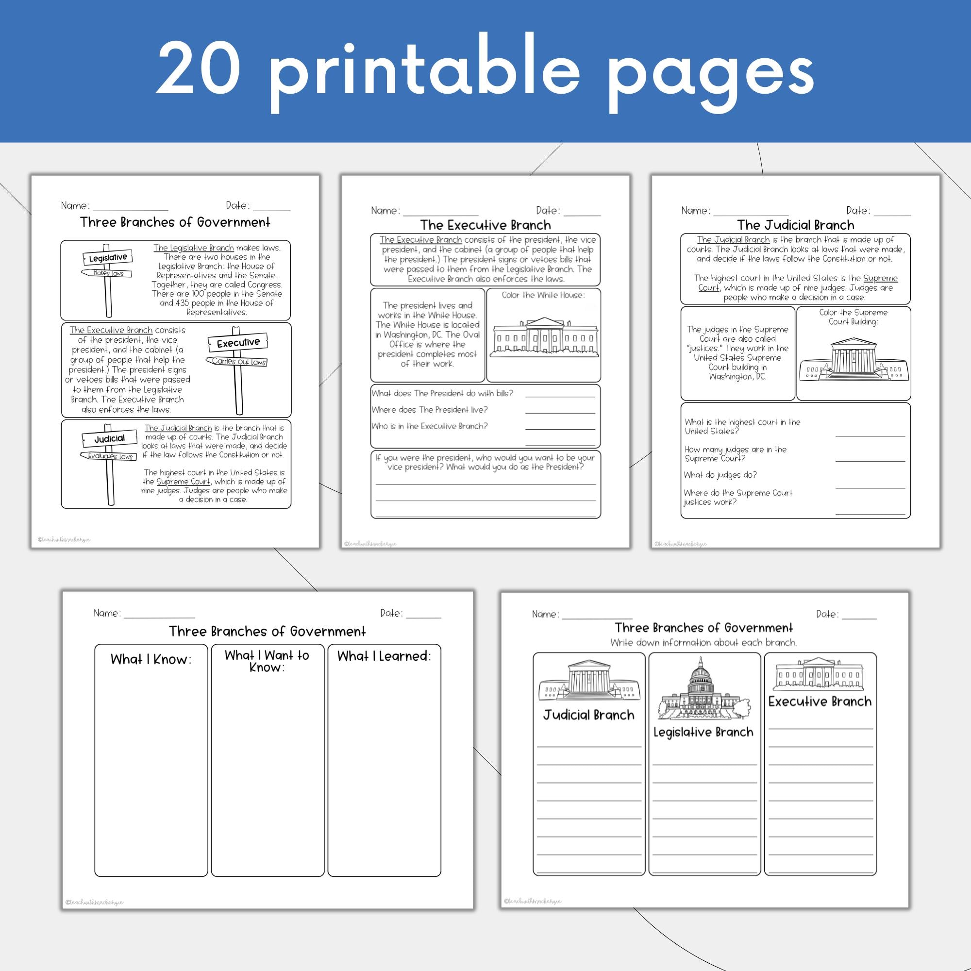 Three Branches of Government Worksheets for 1st Grade, 2nd Grade, 3rd ...