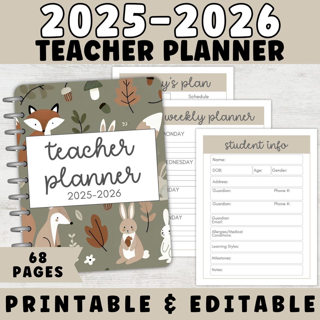 2025-2026 Teacher Planner Printable Woodland Theme, Editable Teacher ...