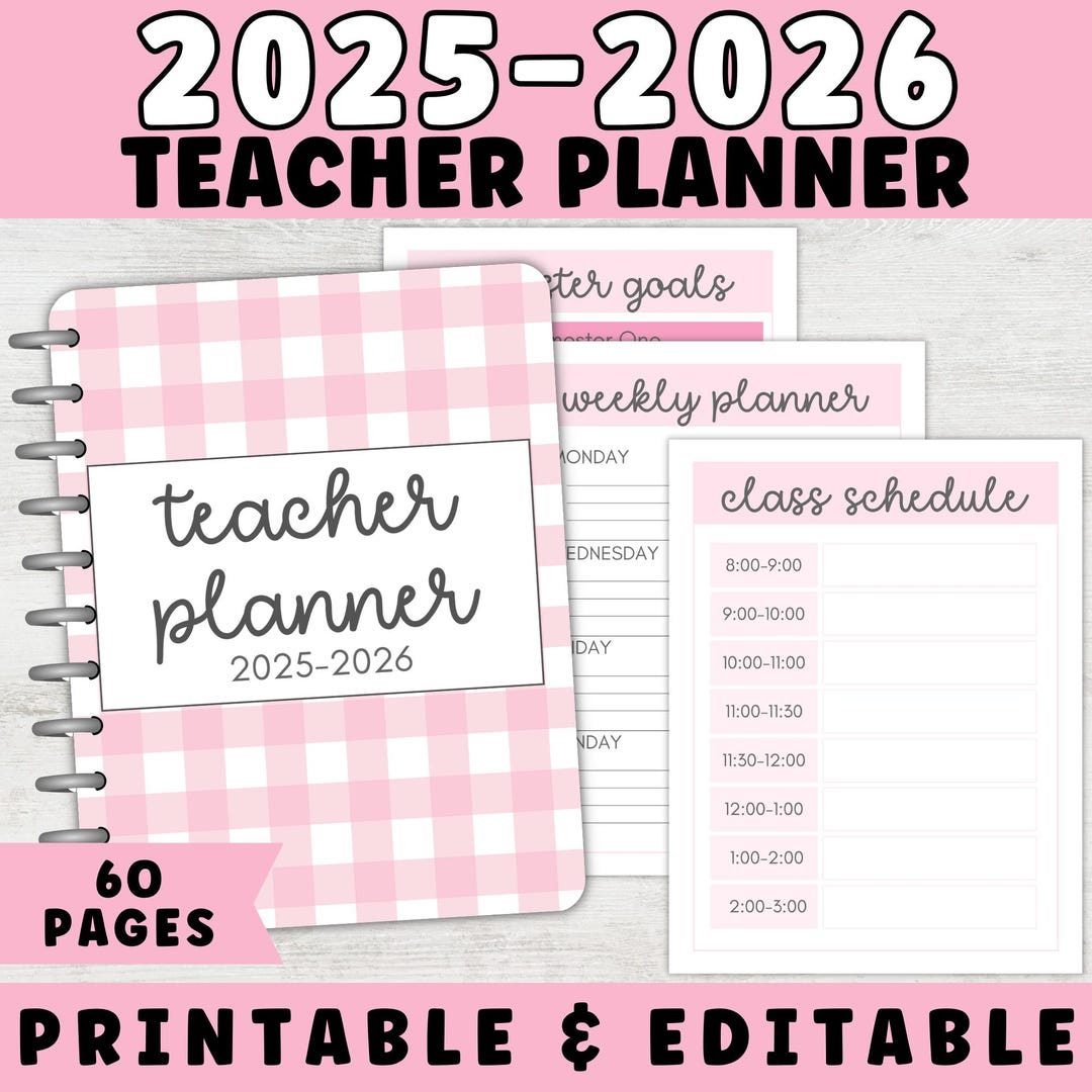 2025-2026 Teacher Planner Printable Pink Gingham | Editable Teacher ...