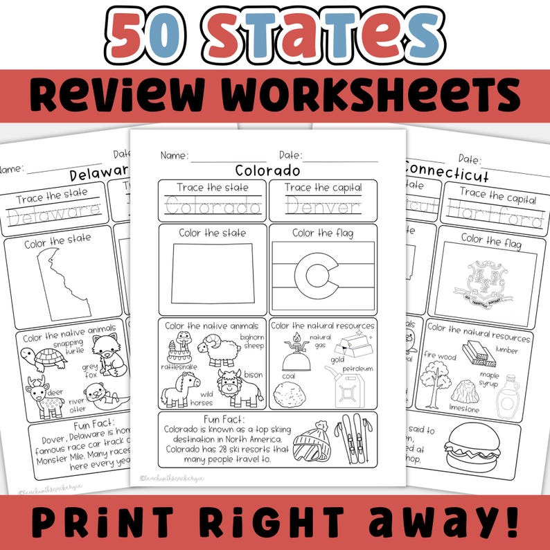 50 States Review Worksheets | Tracing & Coloring Pages, USA Geography ...