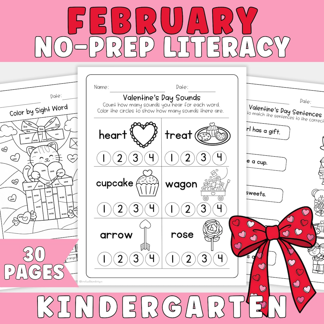 Kindergarten Valentine’s Day Literacy Worksheets | Phonics, Sight Words ...