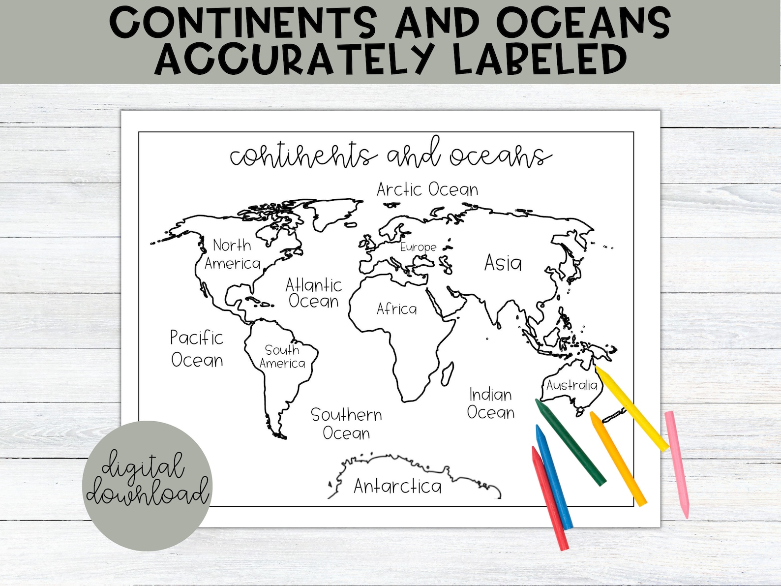 Printable World Map Black and White World Map, Continents and Oceans ...