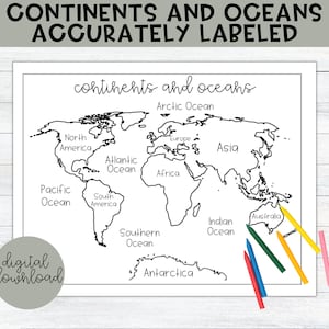 Printable World Map | Black and White World Map, Continents and Oceans ...