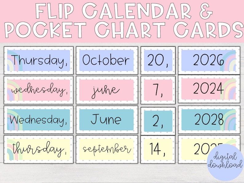 Pastel Rainbow Flip Calendar Cards | Pocket Chart Cards, Classroom ...