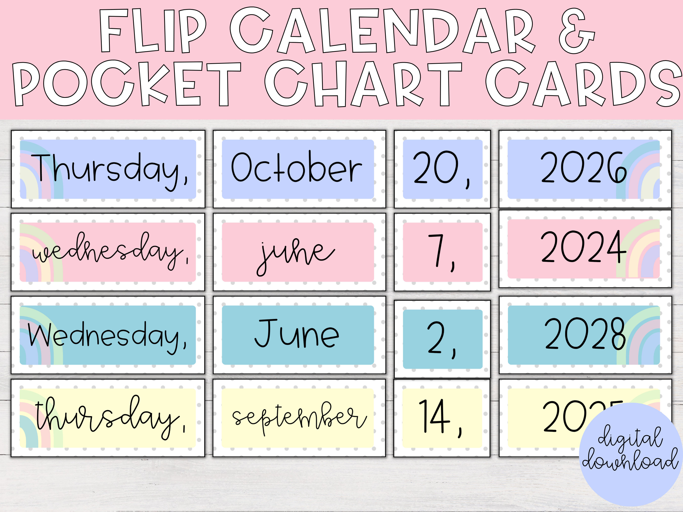 Pastel Rainbow Flip Calendar Cards Pocket Chart Cards, Classroom ...
