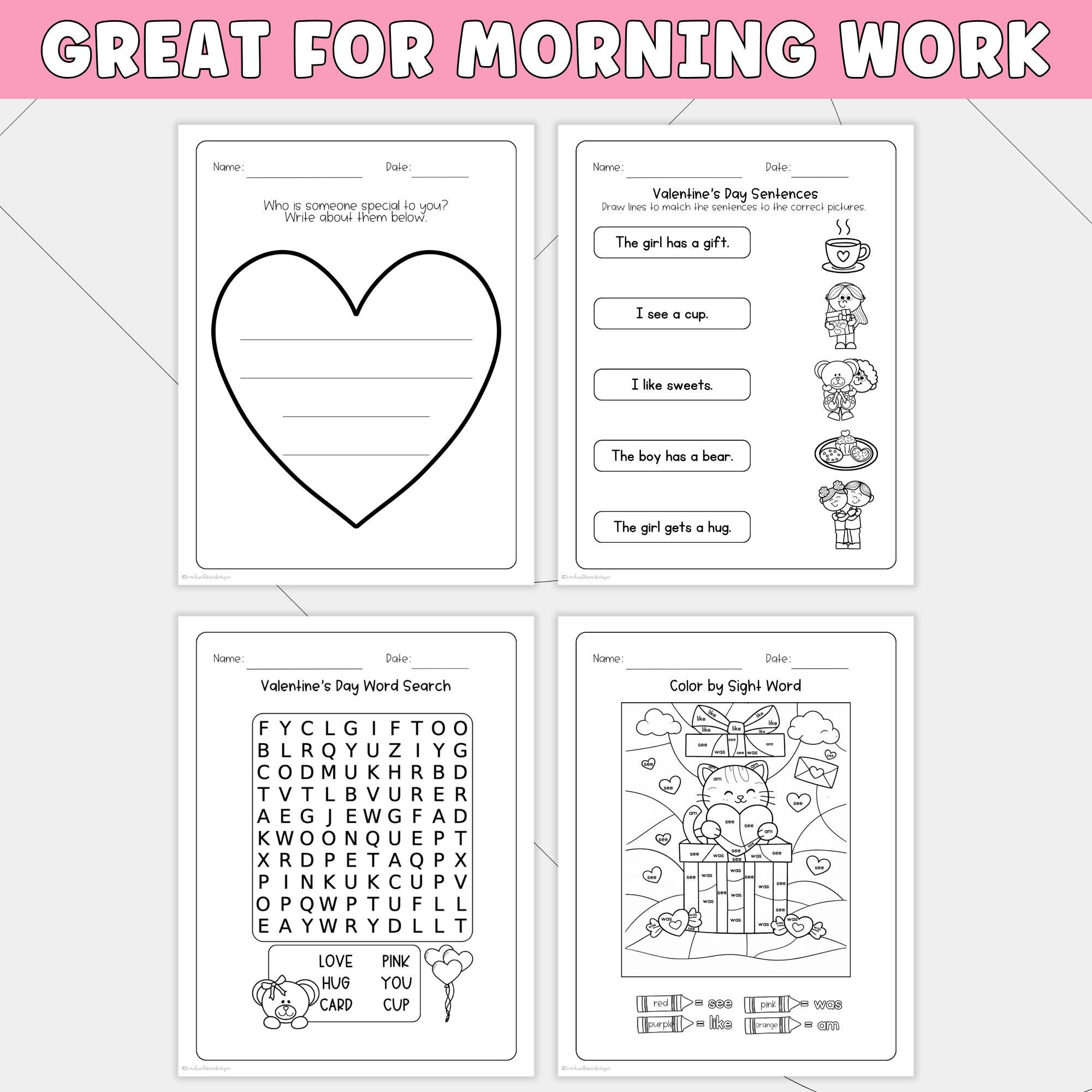 Kindergarten Valentine’s Day Literacy Worksheets | Phonics, Sight Words ...