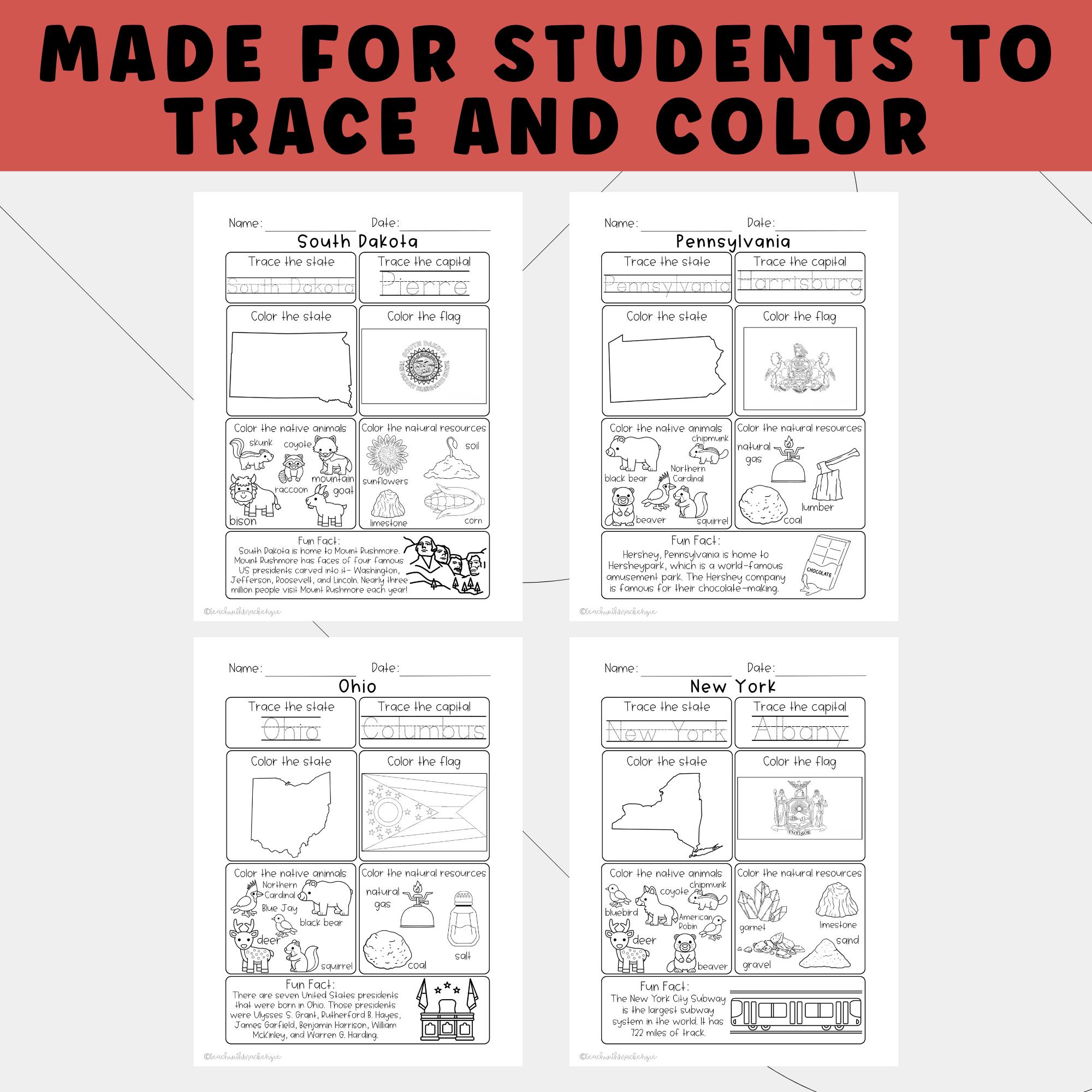 50 States Review Worksheets | Tracing & Coloring Pages, USA Geography ...