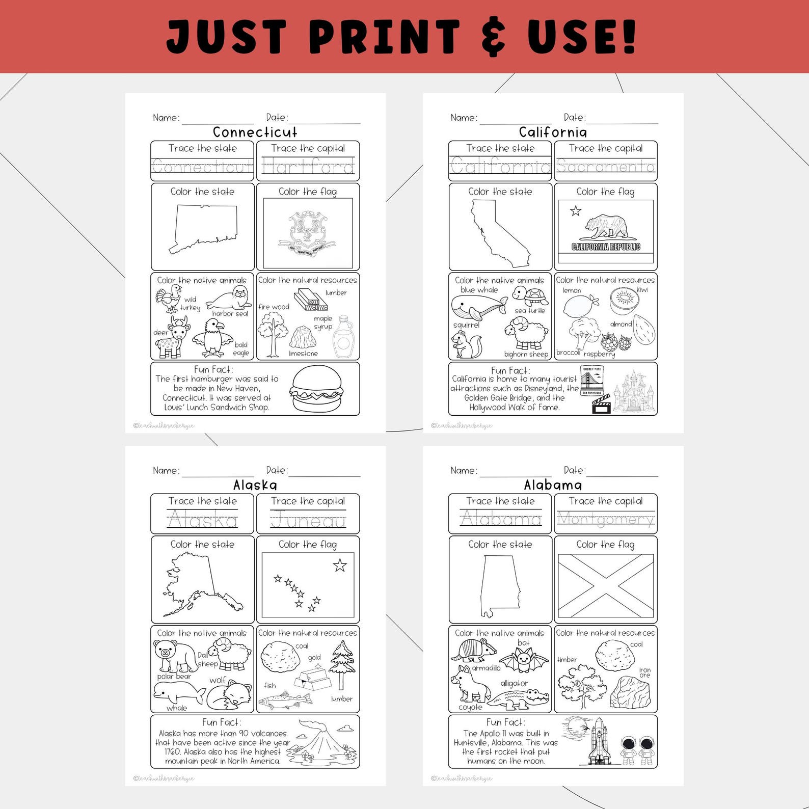 50 States Review Worksheets | Tracing & Coloring Pages, USA Geography ...