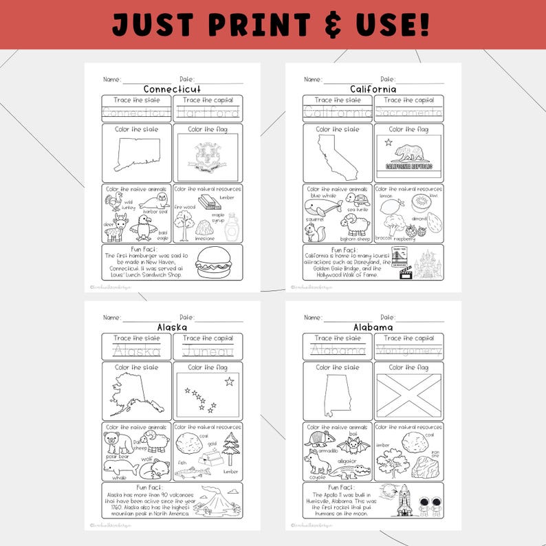 50 States Review Worksheets | Tracing & Coloring Pages, USA Geography ...