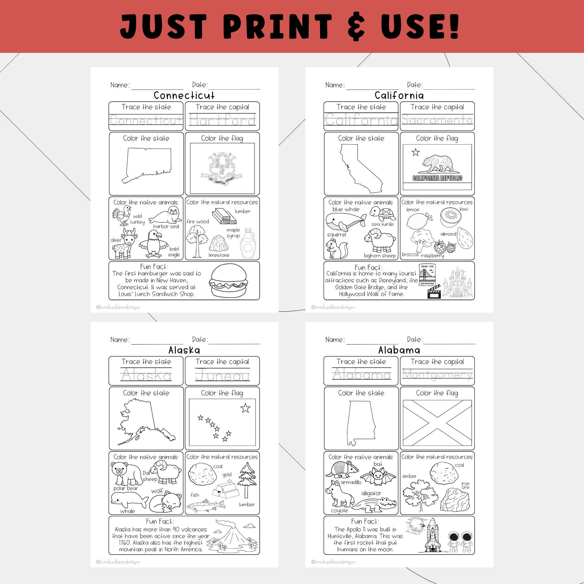 50 States Review Worksheets | Tracing & Coloring Pages, USA Geography ...