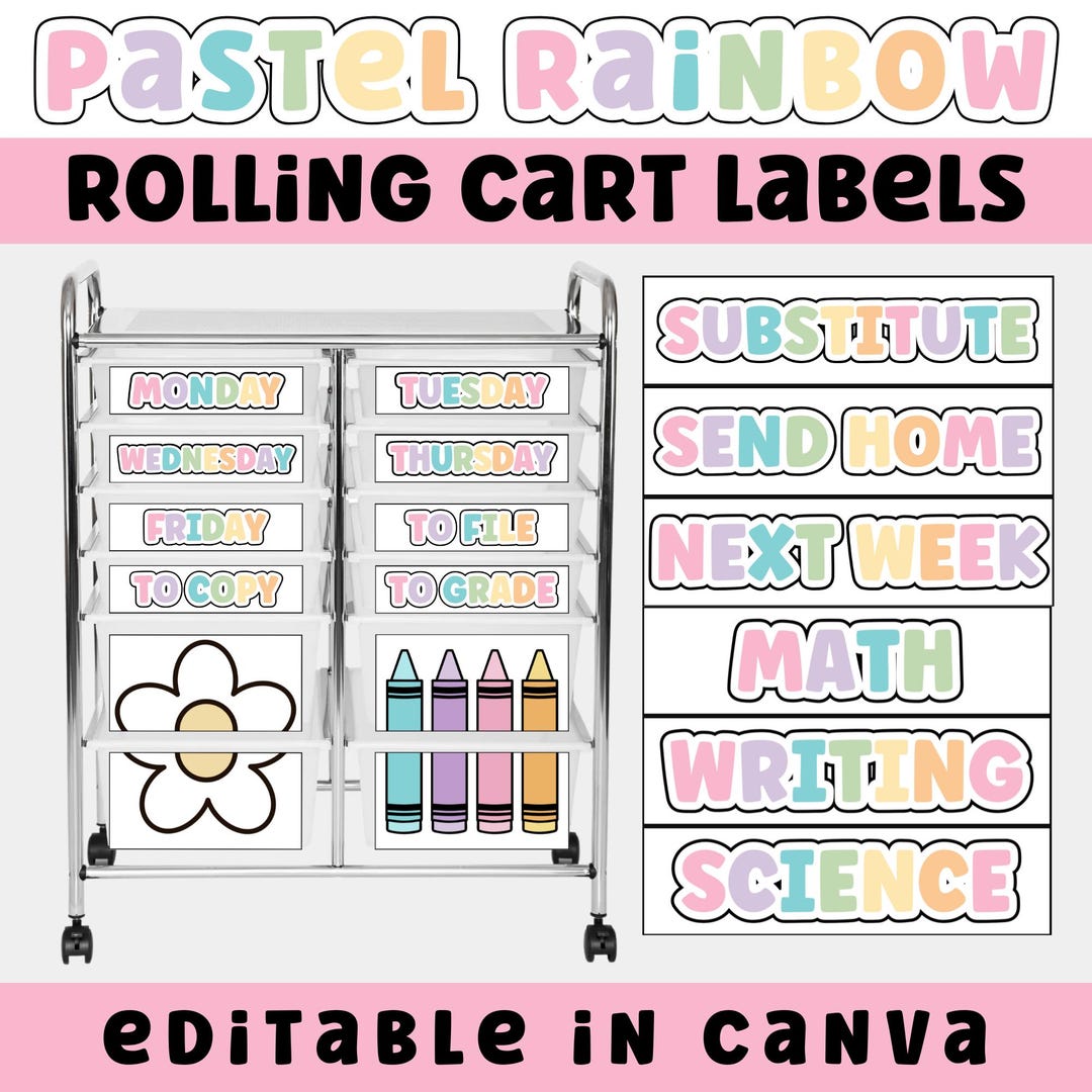 Editable Rolling Cart Labels for Pastel Rainbow Classroom | Editable ...