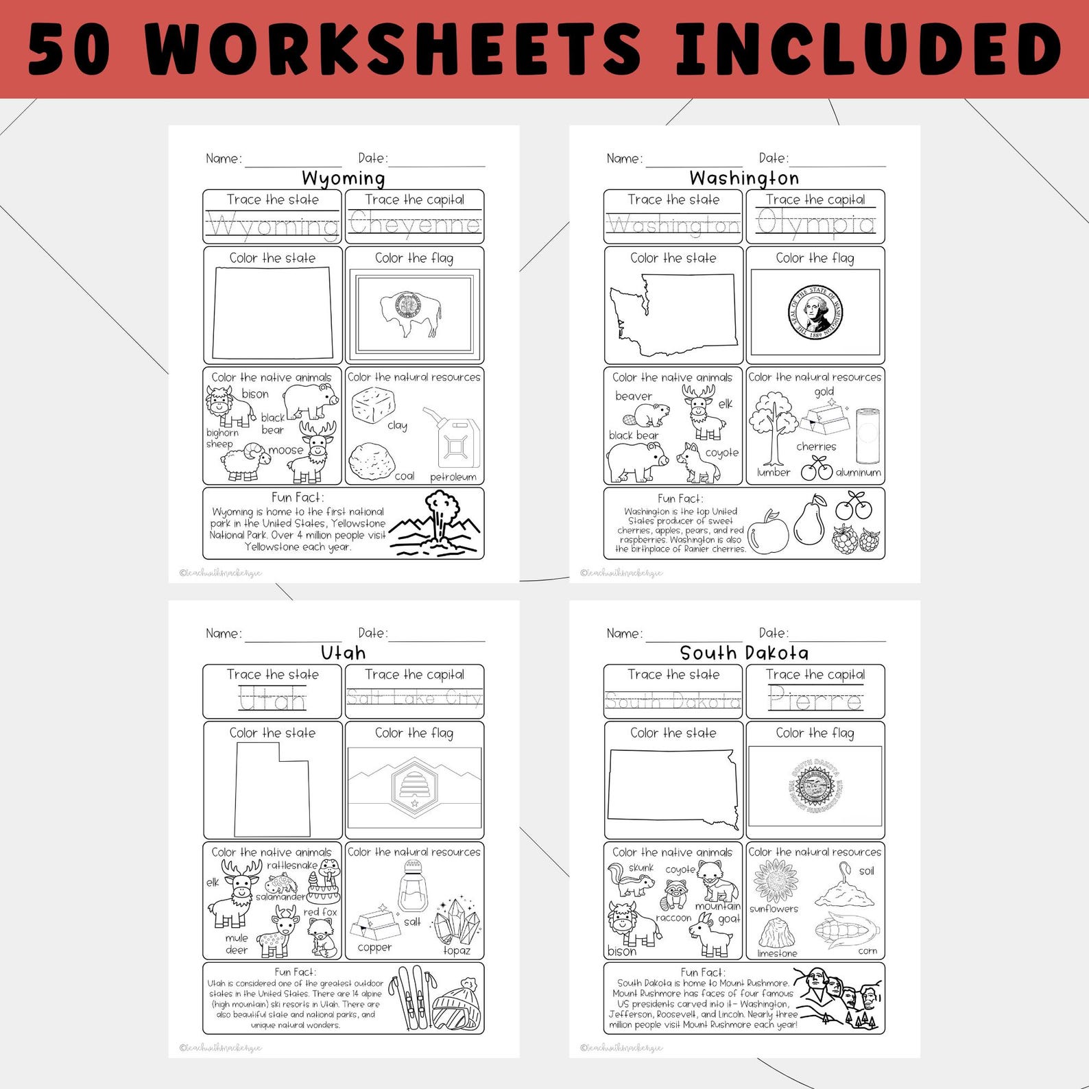 50 States Review Worksheets | Tracing & Coloring Pages, USA Geography ...