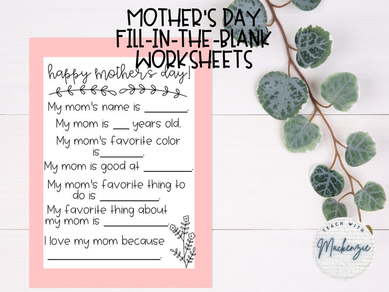Mother's Day Fill-in-the-blank Worksheet Black and White | Etsy