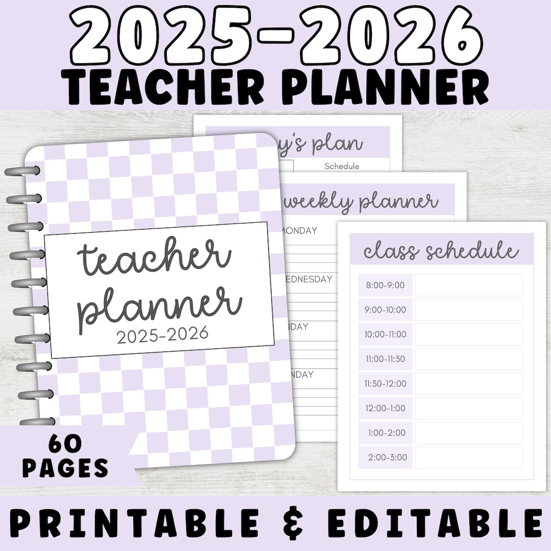 2025-2026 Teacher Planner Printable Purple Checkered | Editable Teacher ...