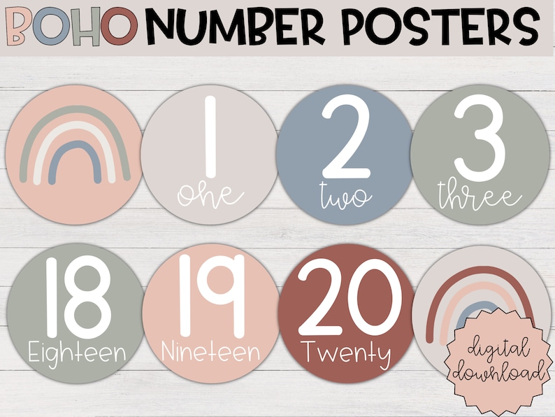 Boho Rainbow Number Posters Classroom Decor Classroom - Etsy