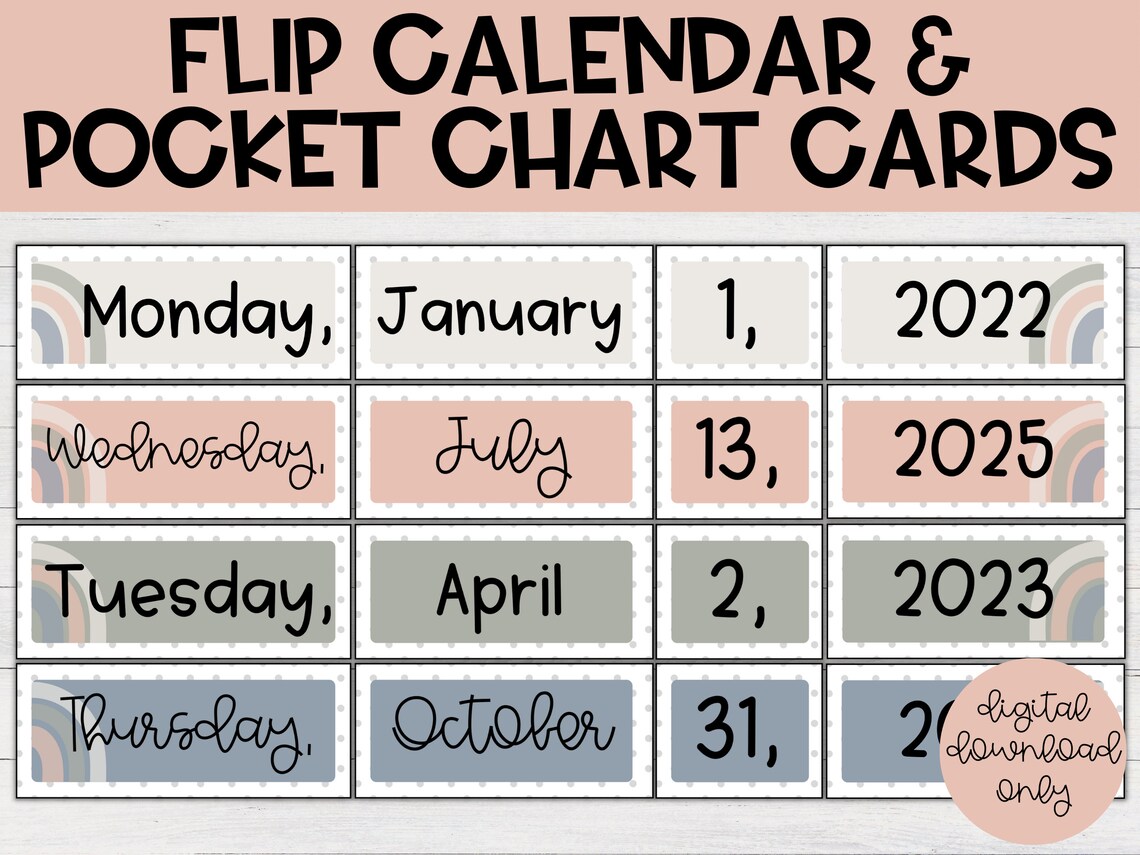 Boho Rainbow Flip Calendar and Pocket Chart Cards Flip - Etsy