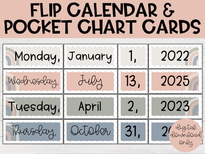 Boho Rainbow Flip Calendar and Pocket Chart Cards Flip - Etsy
