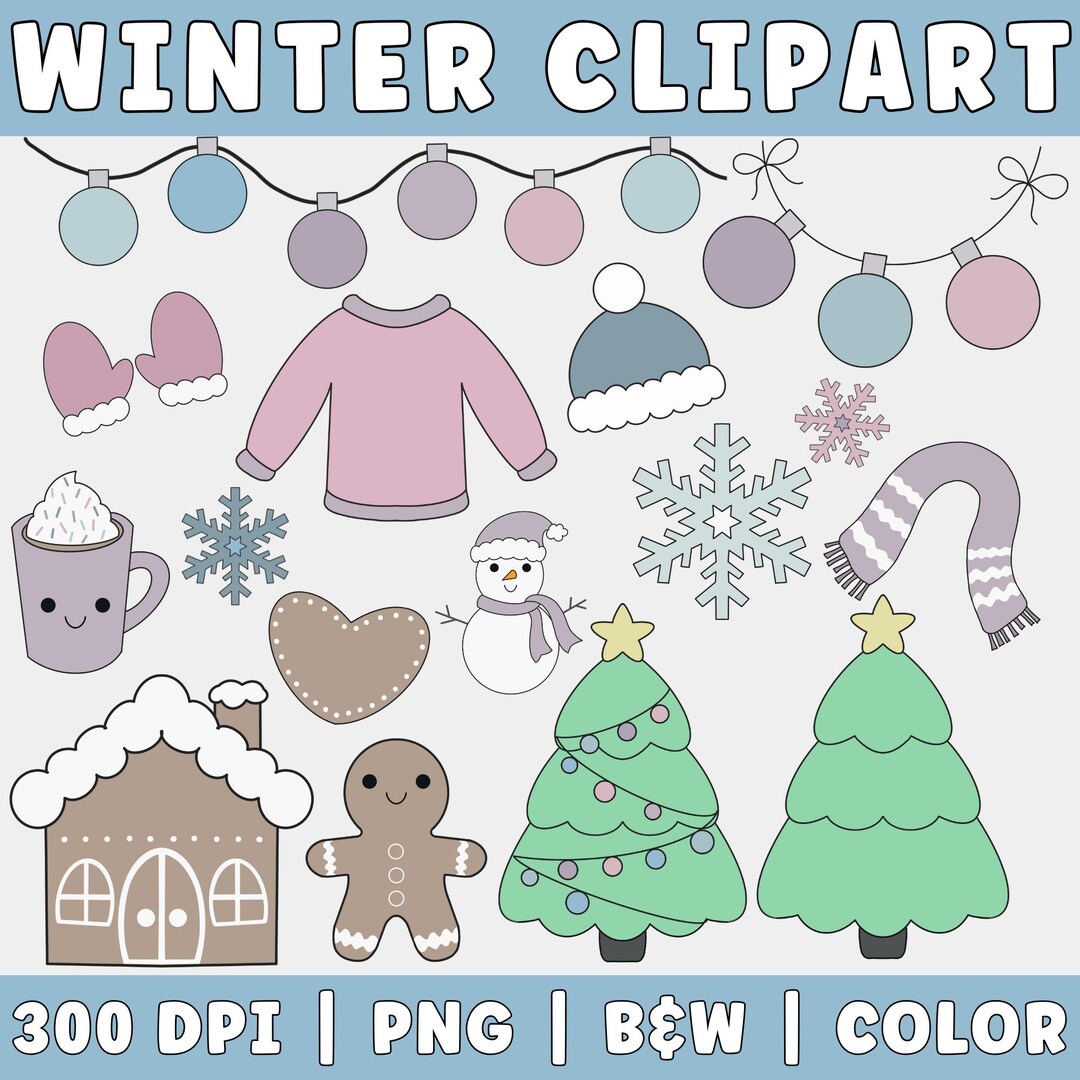 Winter Clipart Set | Hand Drawn Winter Graphics | Color & Black and ...