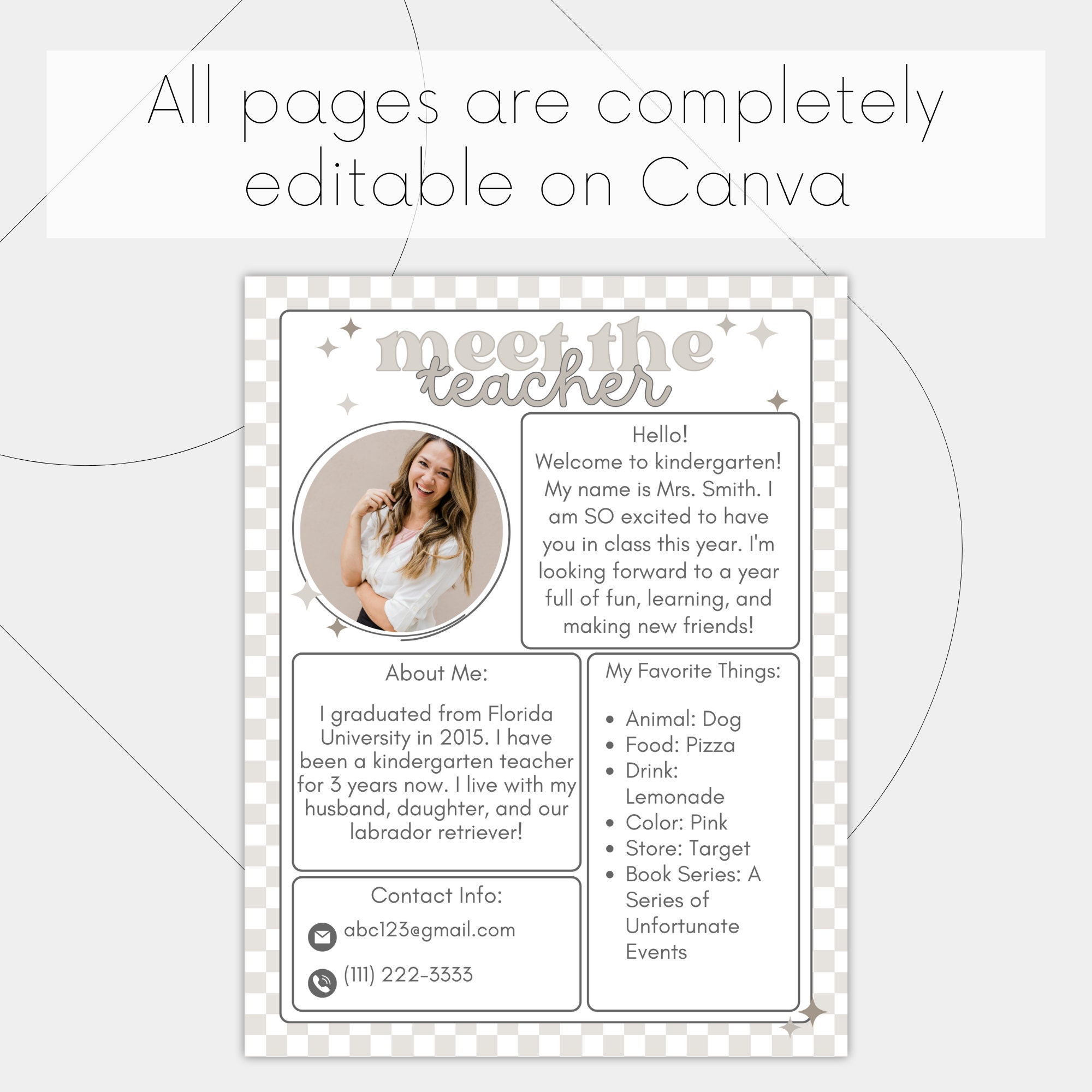Editable Meet the Teacher Template, Neutral Checkered Back to School ...