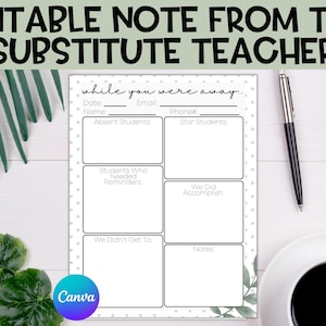 Editable Note From the Substitute Teacher | Modern Greenery Theme ...