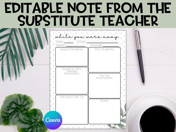 Editable Note From the Substitute Teacher Modern Greenery - Etsy