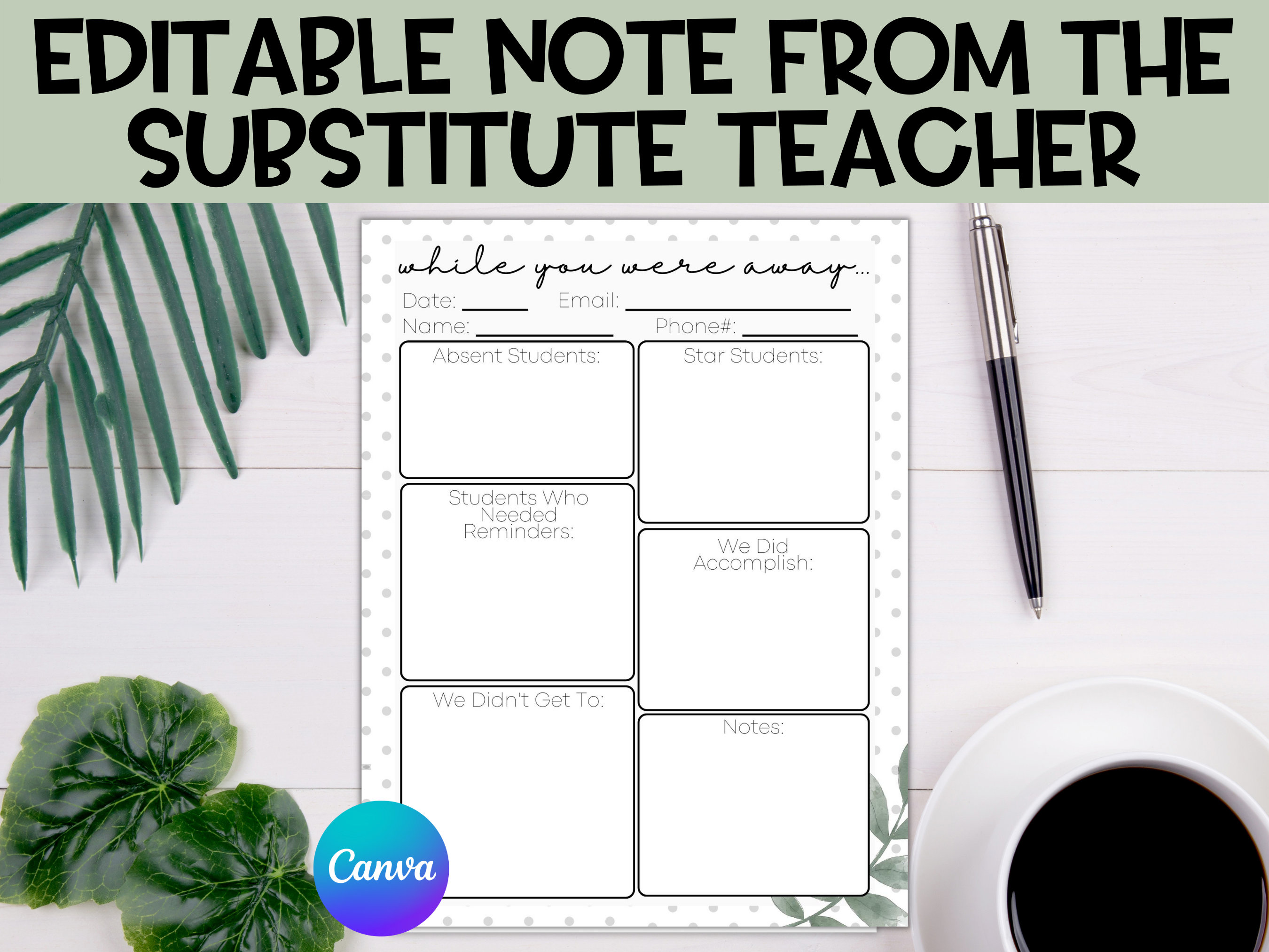 Editable Note From the Substitute Teacher Modern Greenery Theme ...