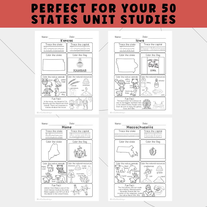 50 States Review Worksheets | Tracing & Coloring Pages, USA Geography ...