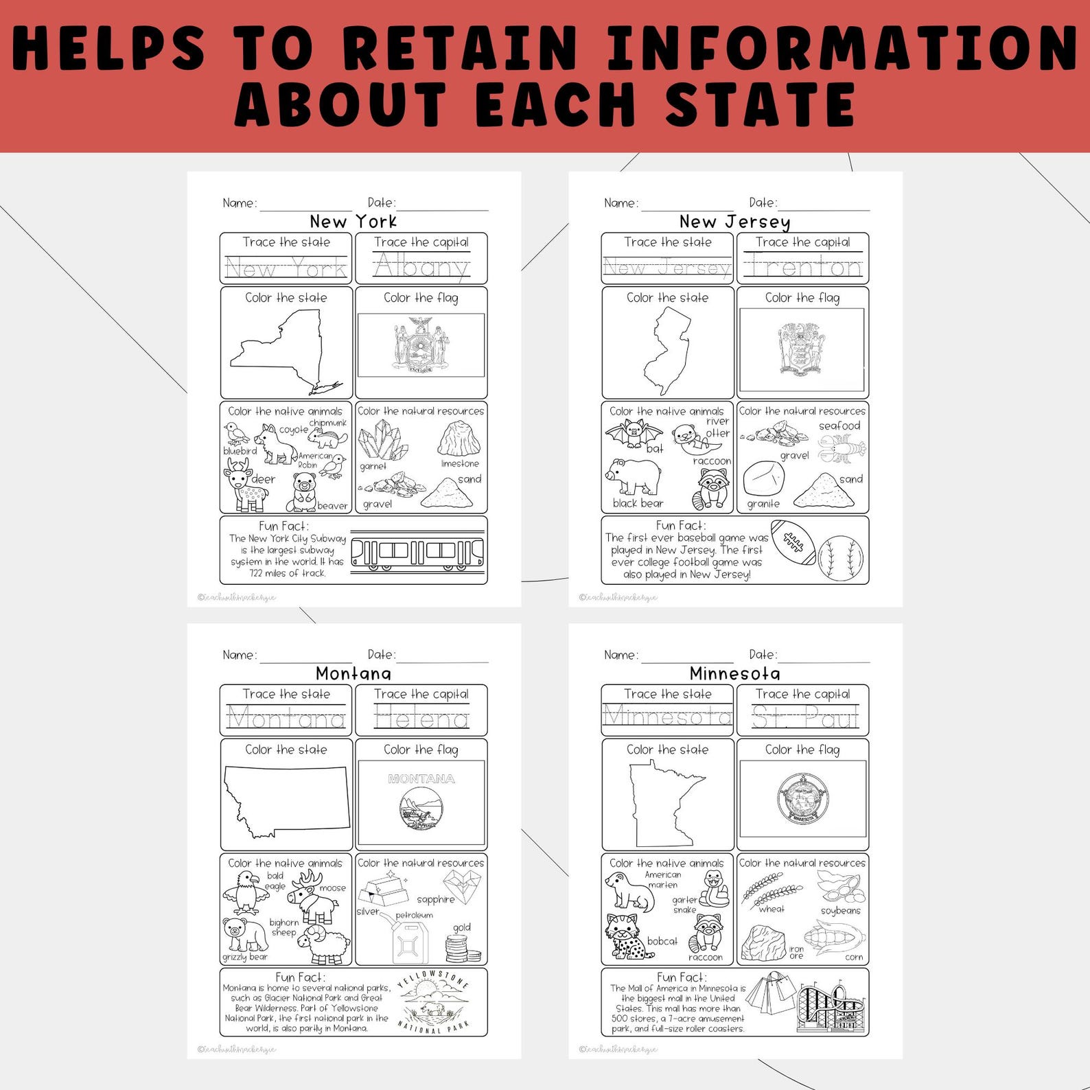 50 States Review Worksheets | Tracing & Coloring Pages, USA Geography ...