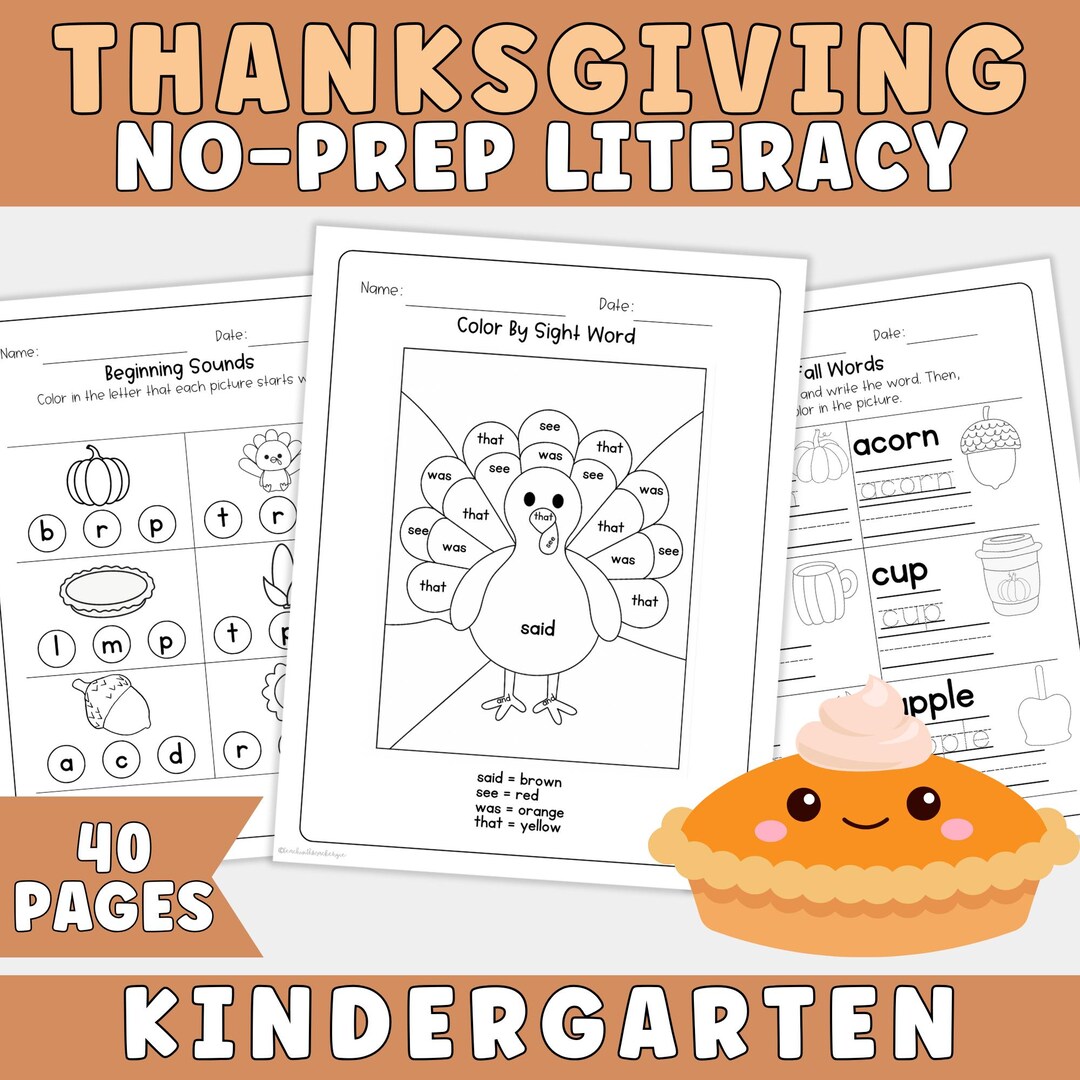 Thanksgiving No Prep Literacy Worksheets for Kindergarten | Fall ...