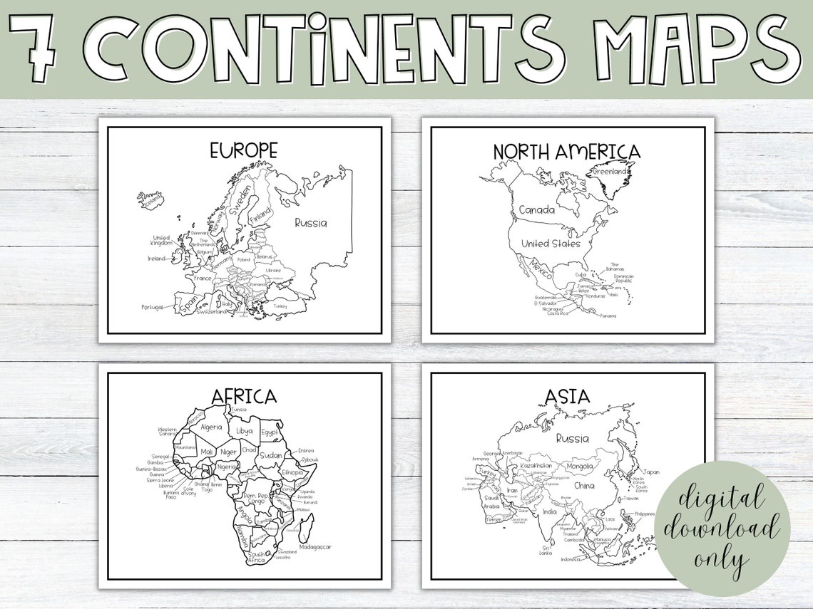 7 Continents Maps and Coloring Sheets Worksheets Homeschool - Etsy