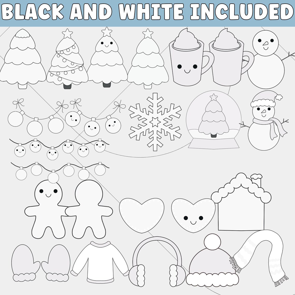 Winter Clipart Set | Hand Drawn Winter Graphics | Color & Black and ...