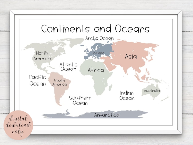World Map Continents and Oceans Map Boho Rainbow, Printable World Map ...