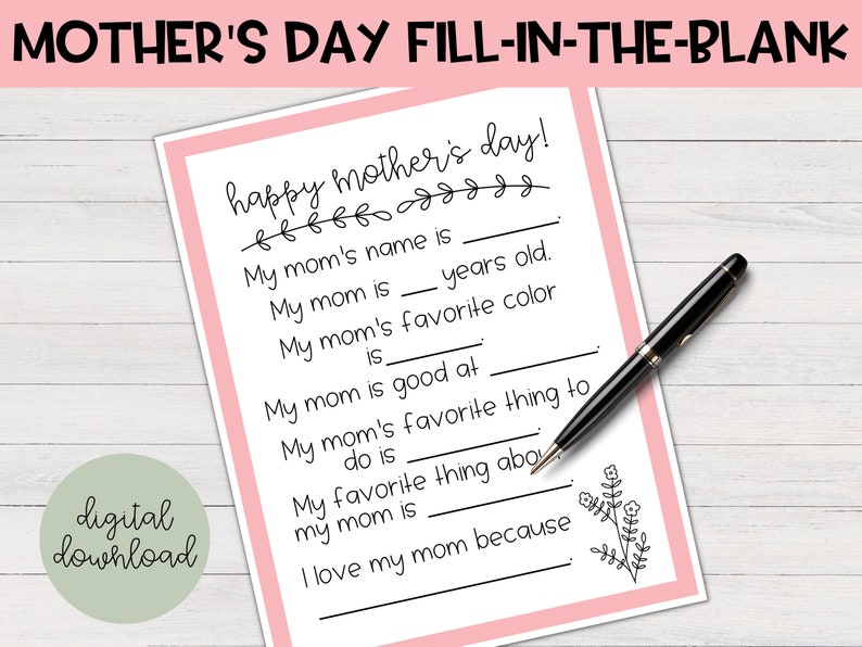 Mother's Day Fill-in-the-blank Worksheet Mother's - Etsy