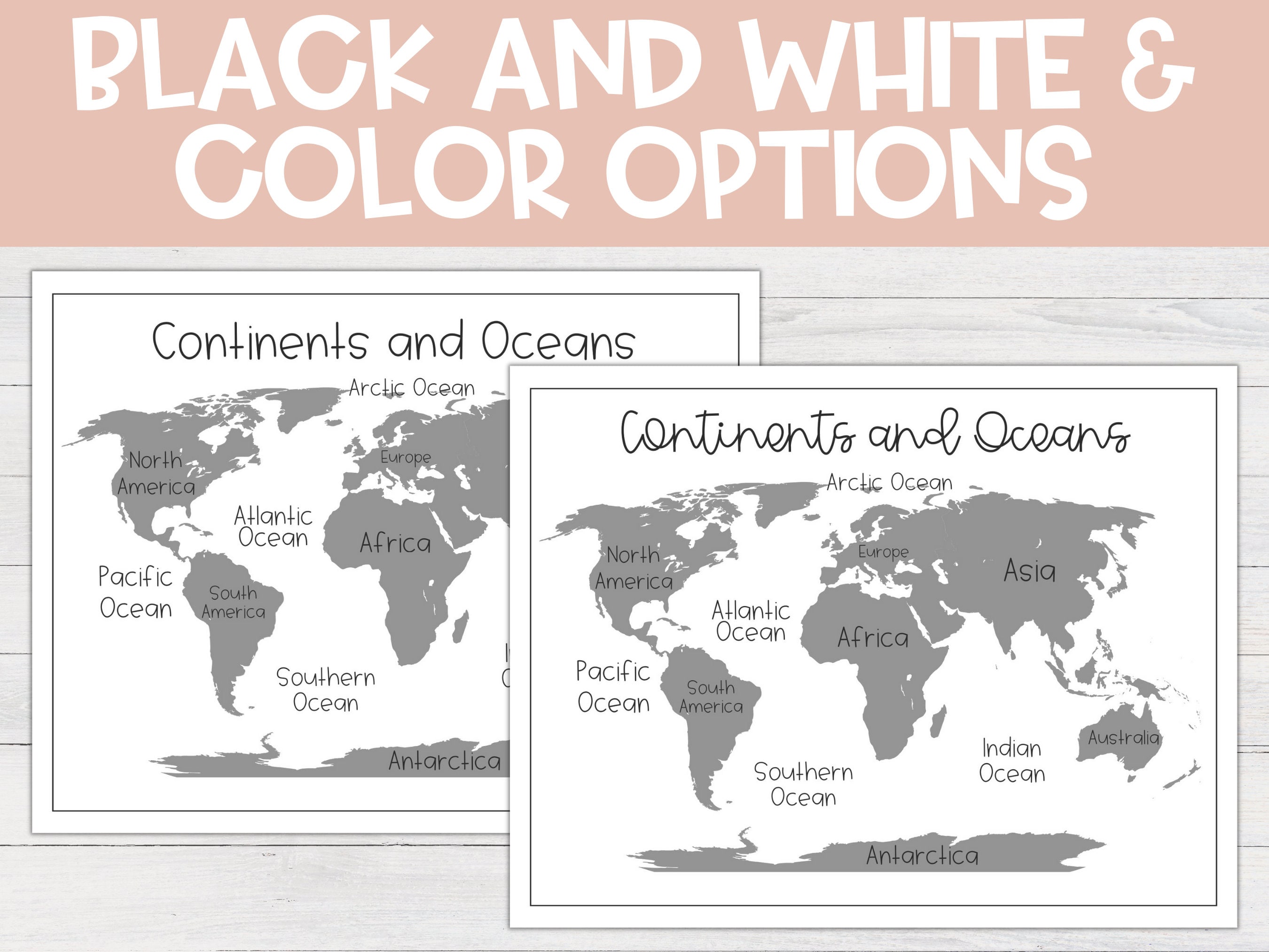 World Map Black And White Continents And Oceans