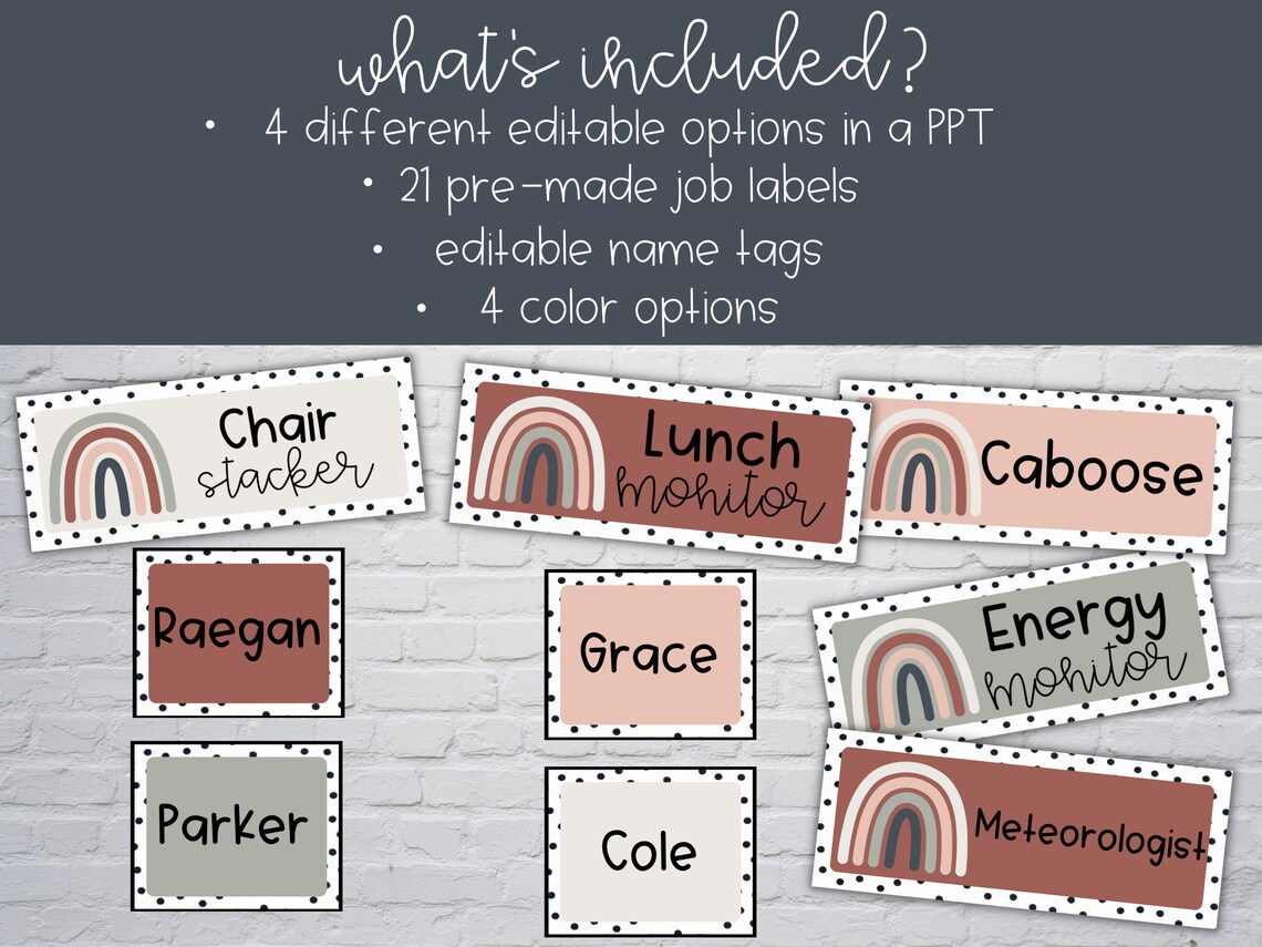 Boho Rainbow Classroom Job Labels Editable Polka Dot | Etsy