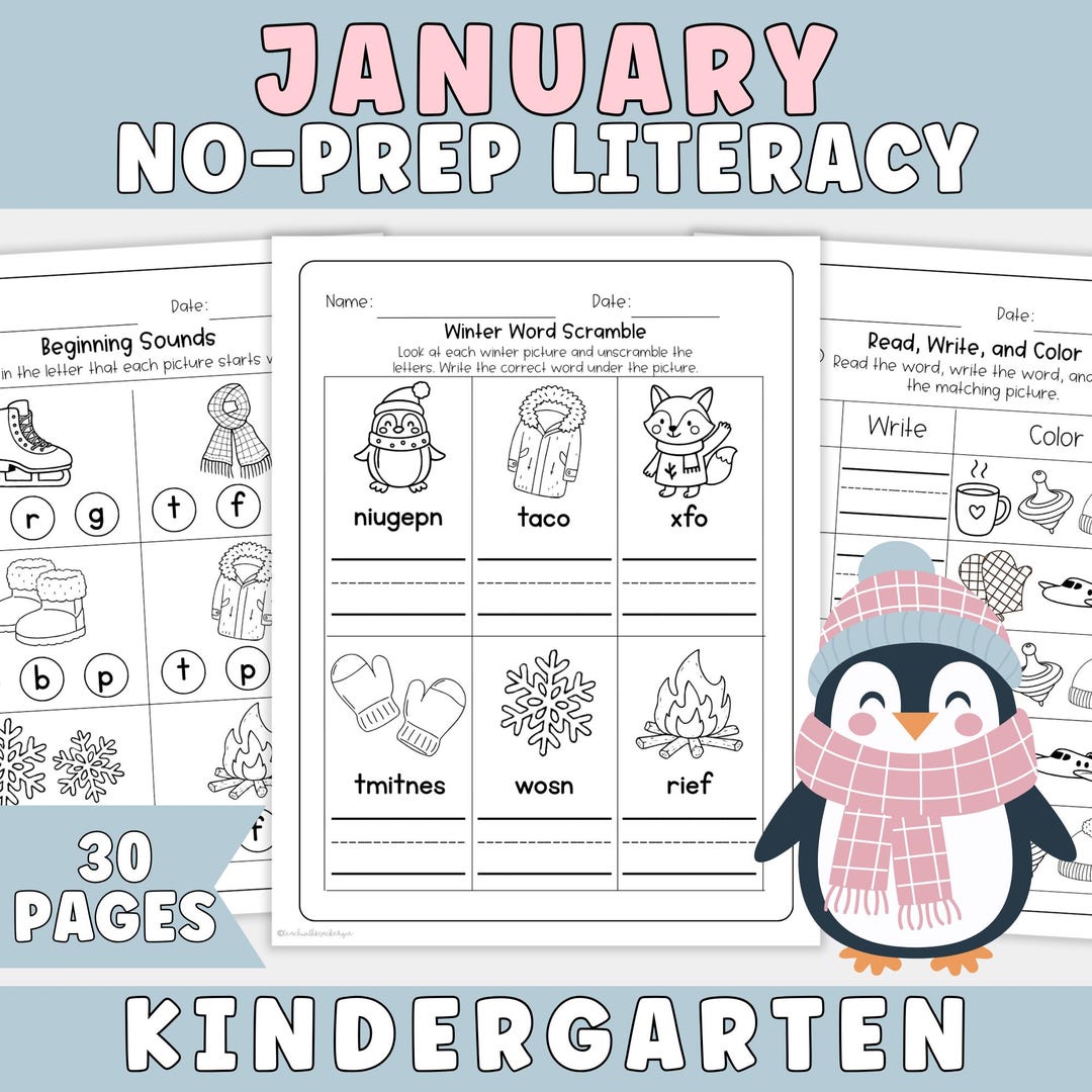 January No Prep Kindergarten Literacy Worksheets | Winter Literacy ...