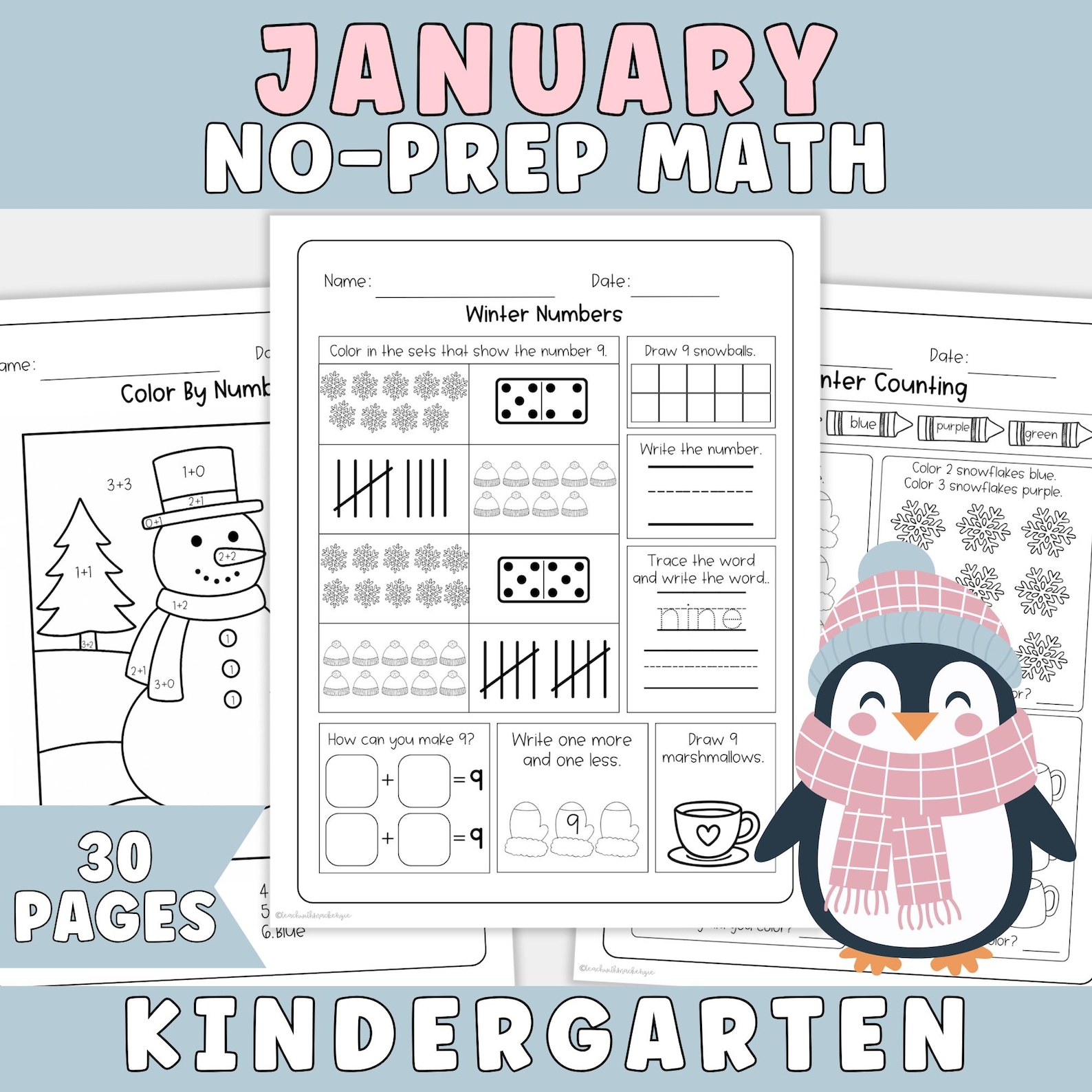 January No Prep Kindergarten Math Worksheets | Winter Math Printables for Kindergarten Morning ...