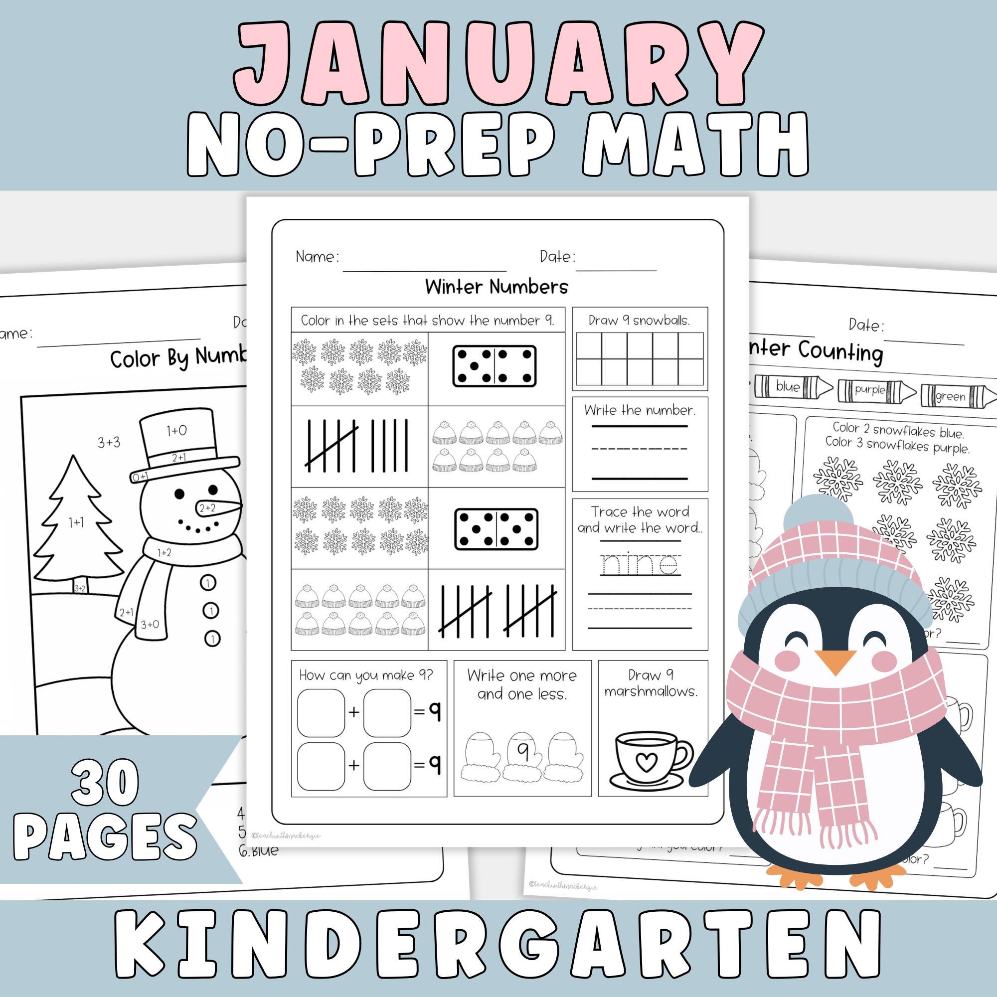 January No Prep Kindergarten Math Worksheets | Winter Math Printables ...