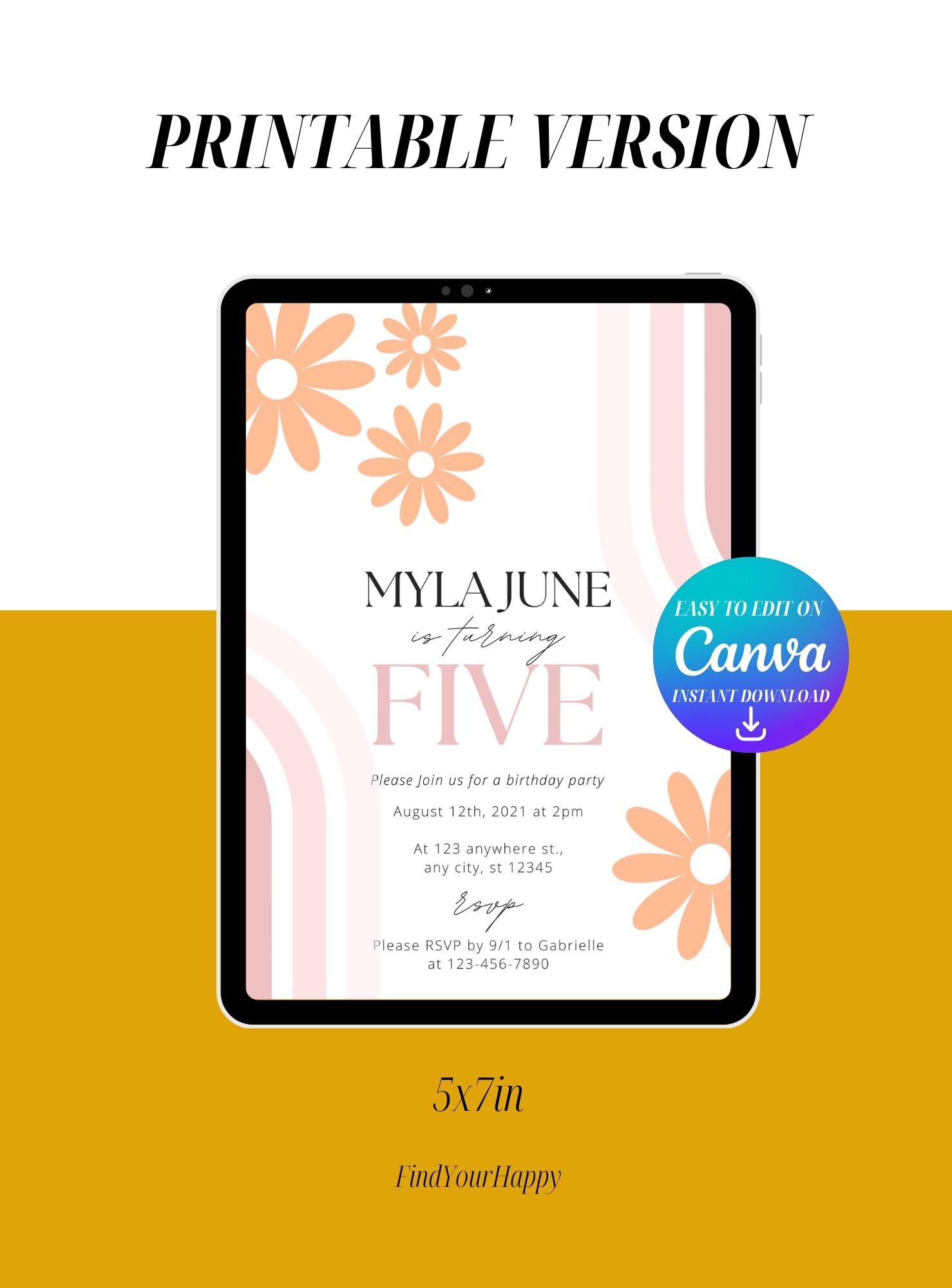 Retro Floral Birthday Invitation | Pink & Orange Canva Template ...