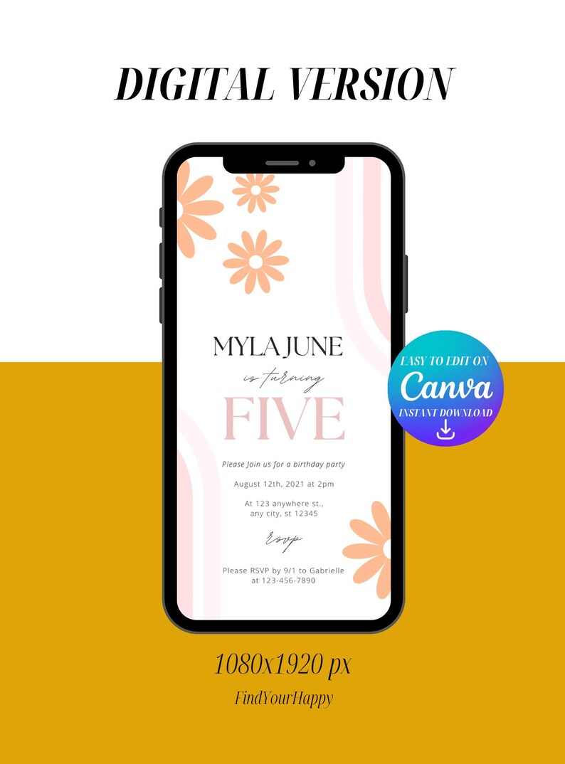 Retro Floral Birthday Invitation | Pink & Orange Canva Template ...