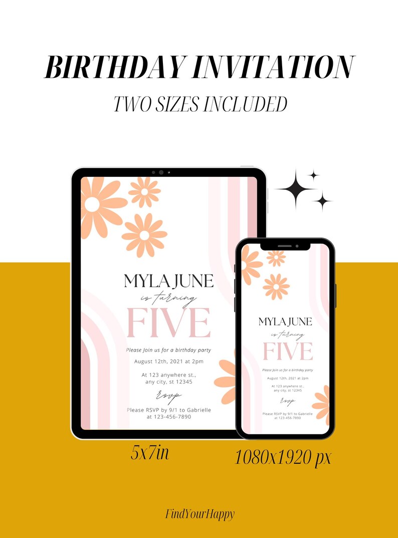 Retro Floral Birthday Invitation | Pink & Orange Canva Template ...