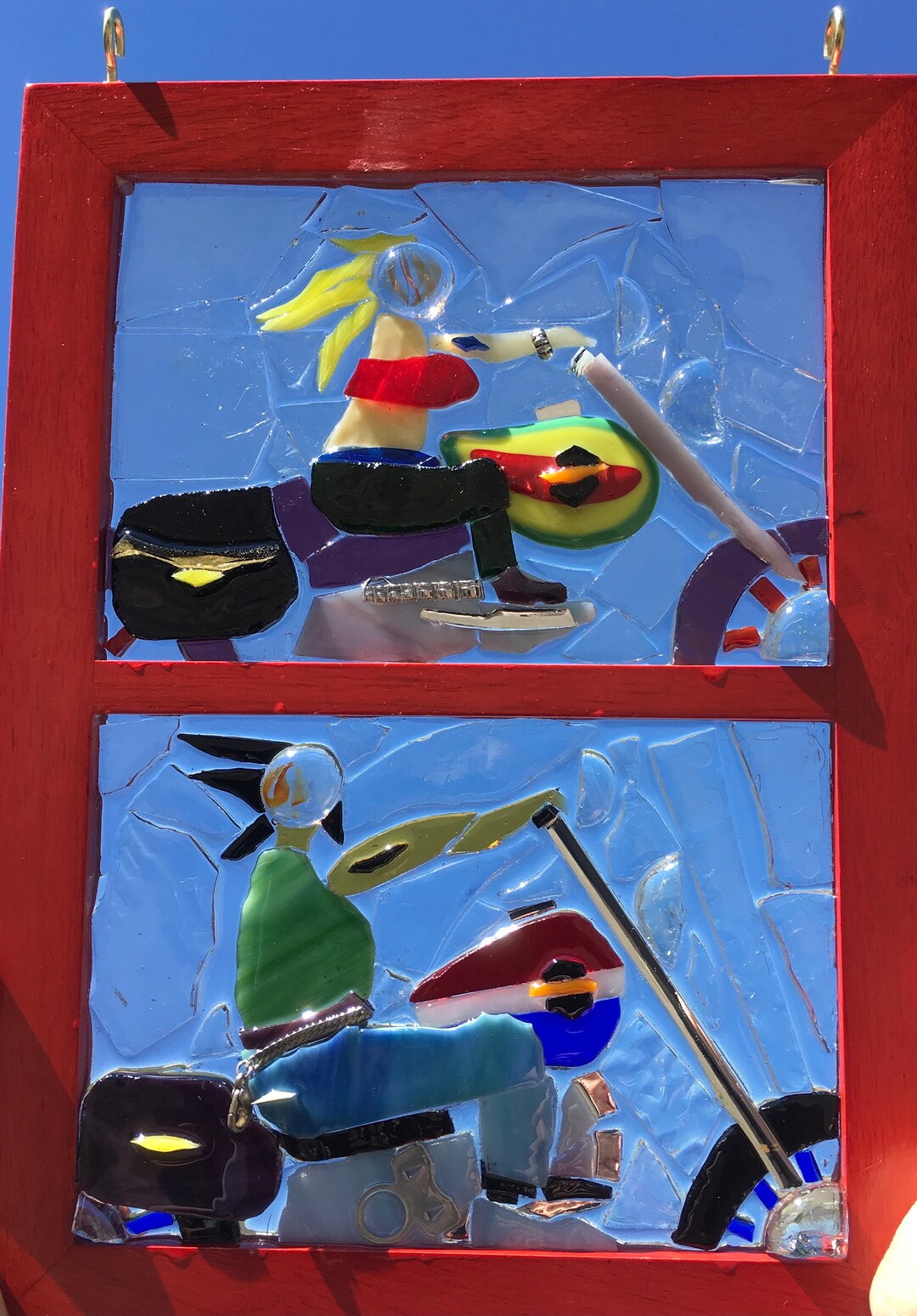 Biker Friends Couple on Motorcycle Stained Glass Mosaic Suncatcher ...