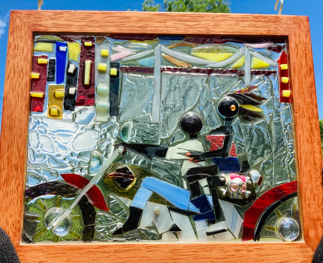 Motorcycle Stained Glass Mosaic Suncatcher, Black Couple - Etsy