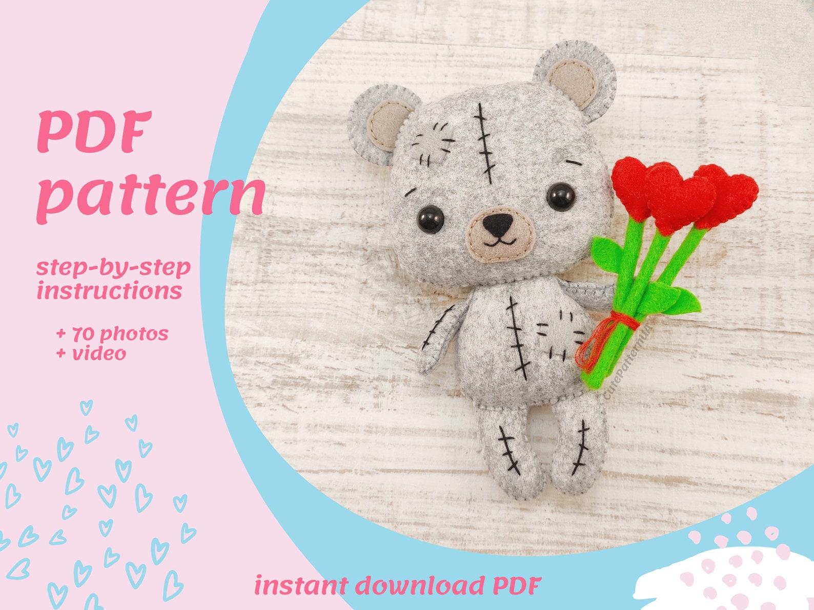 Teddy Bear Sewing Pattern Pdf Felt Cute Valentines Animal - Etsy