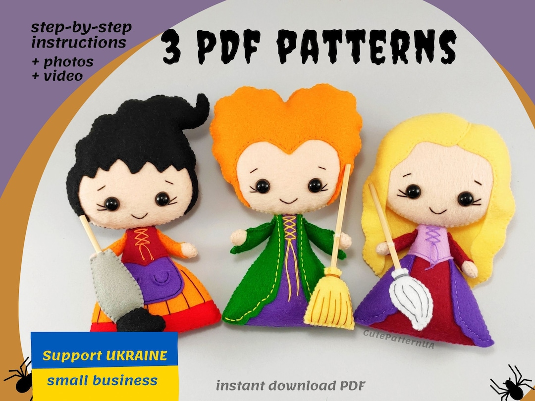 Halloween Sewing Pattern Felt Set of 3 PDF, Witch Doll Patterns ...